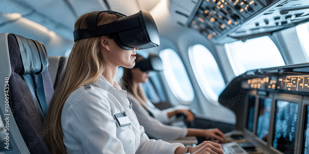 flight attendant is using virtual reality technology to practice ...
