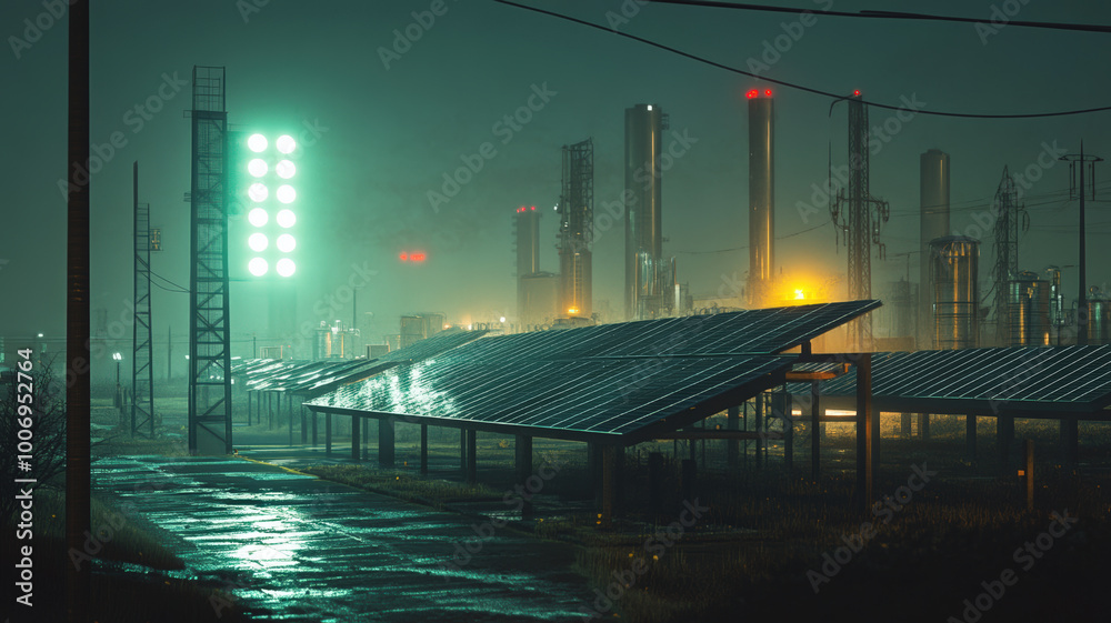 Industrial Area at Night with Illuminated Structures, Tall Chimneys ...