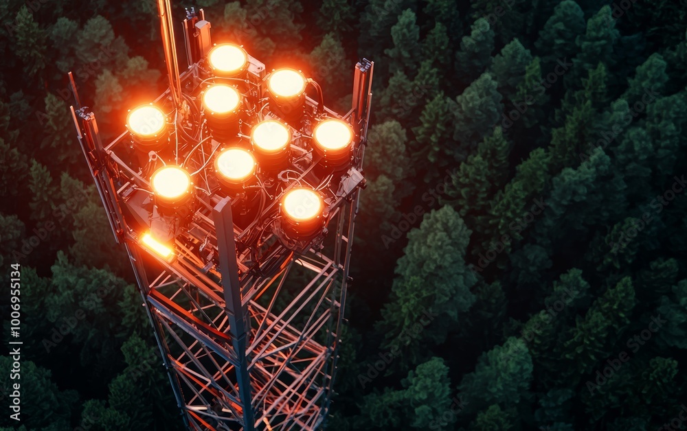 Detailed view of a telecom tower s wiring and glowing components ...