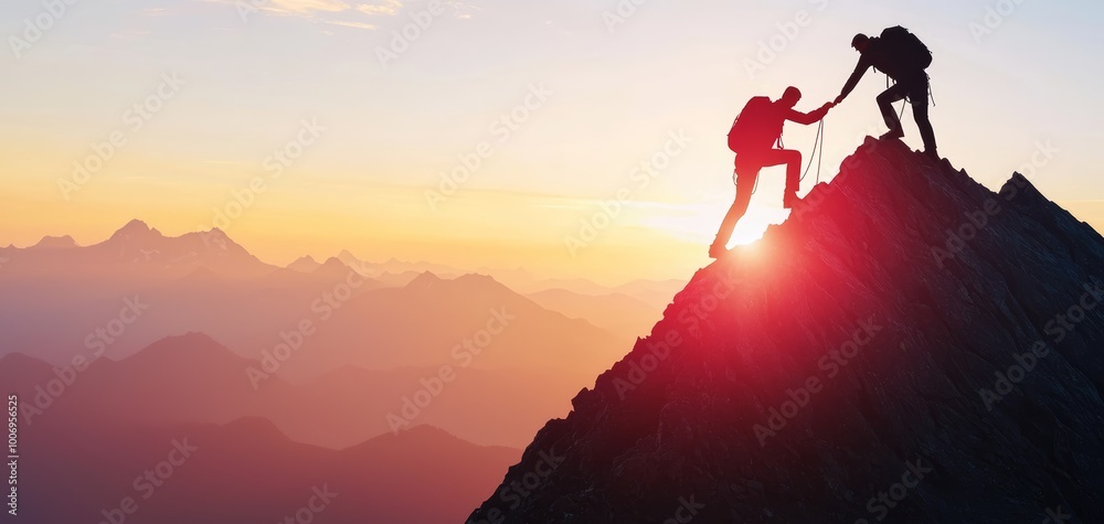 Silhouette of two professionals on a mountain, one pulling the other up ...