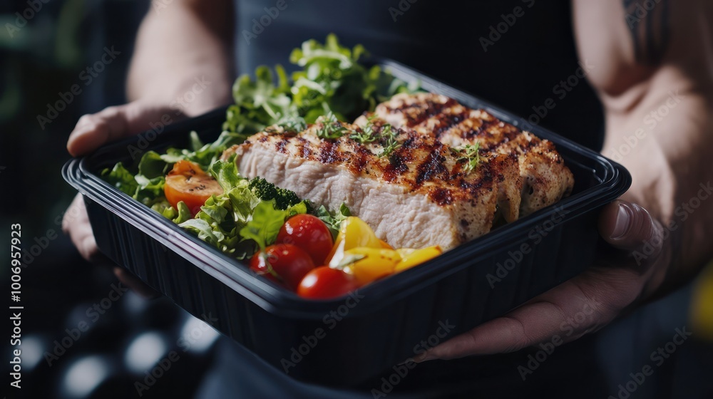 Man holding a plastic black container box with healthy fitness meal ...