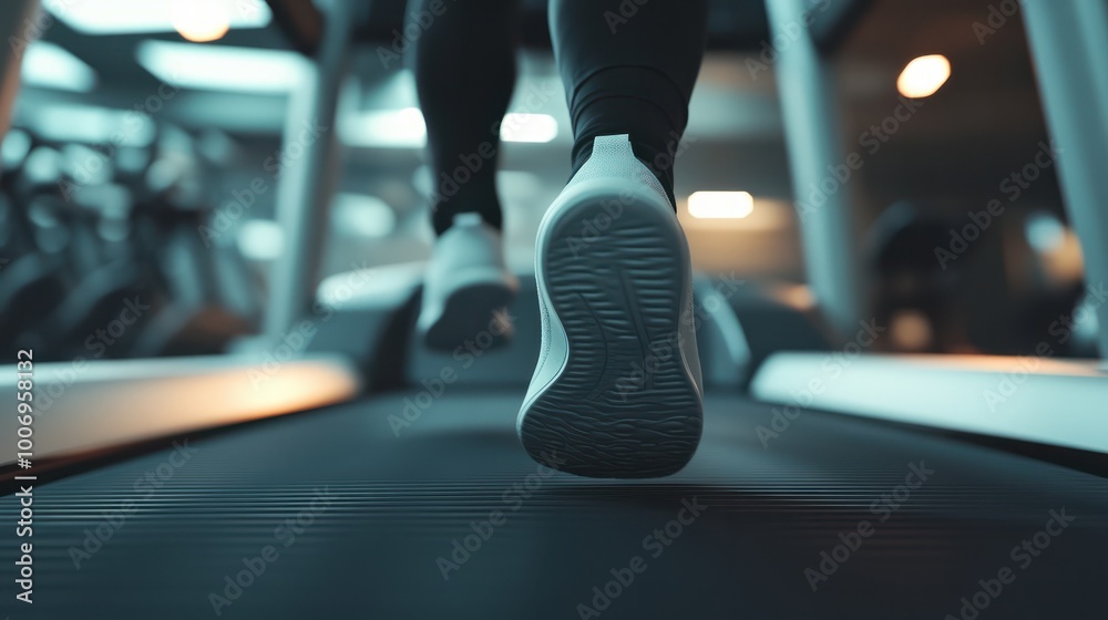 Mans feet running on treadmill at gym focused on achieving fitness ...