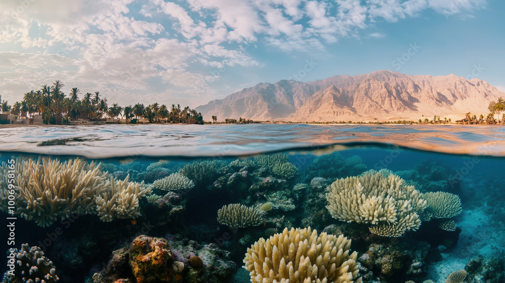 Split View of Serene Landscape and Vibrant Underwater Scene with Coral ...