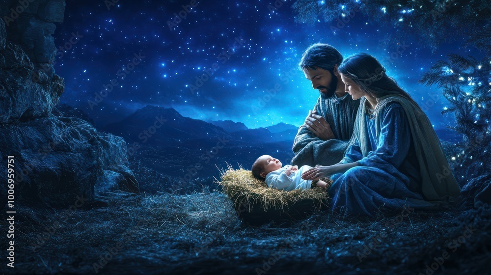 Nativity story - Joseph, Mary and newborn baby Jesus Christ. Christian ...