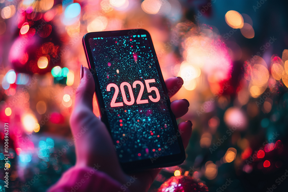 1d A joyful scene featuring a person holding a sleek smartphone in ...