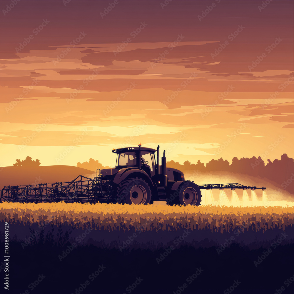 tractor sprays crops in golden sunset, showcasing agricultural activity ...