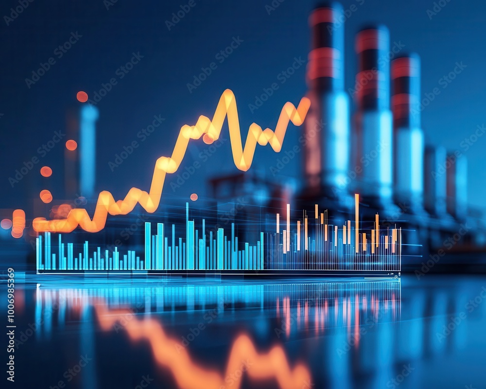 Power plant surrounded by graphs showing declining operational costs ...