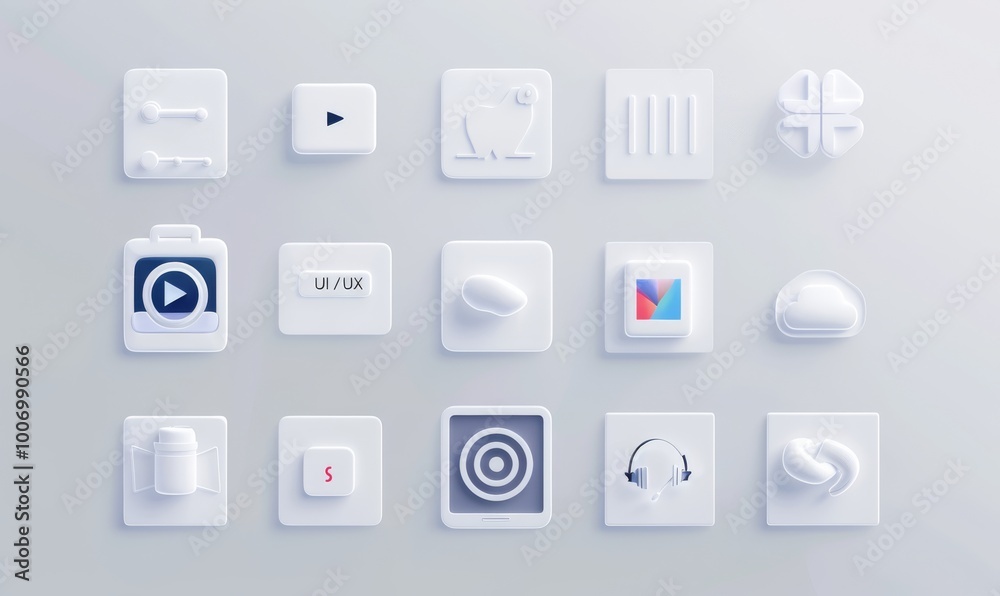 30 white vector icons for a mobile app "UI/UX JCONS" on a light ...
