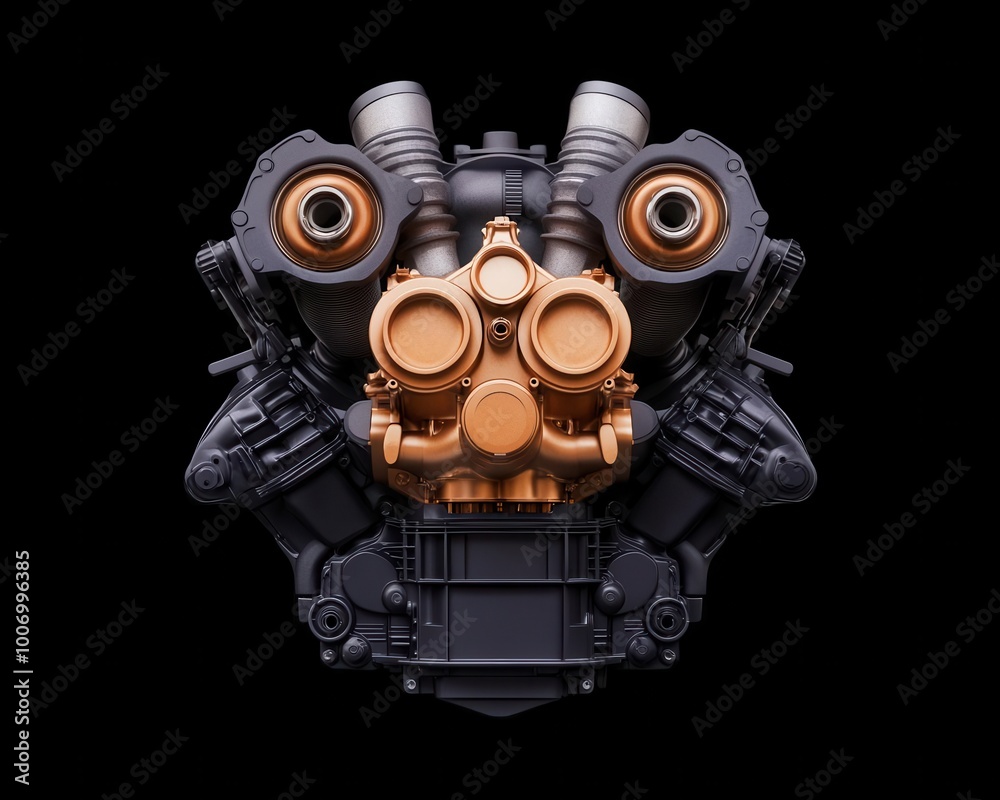 Cross-sectional view of a V8 engine, revealing combustion chambers and ...