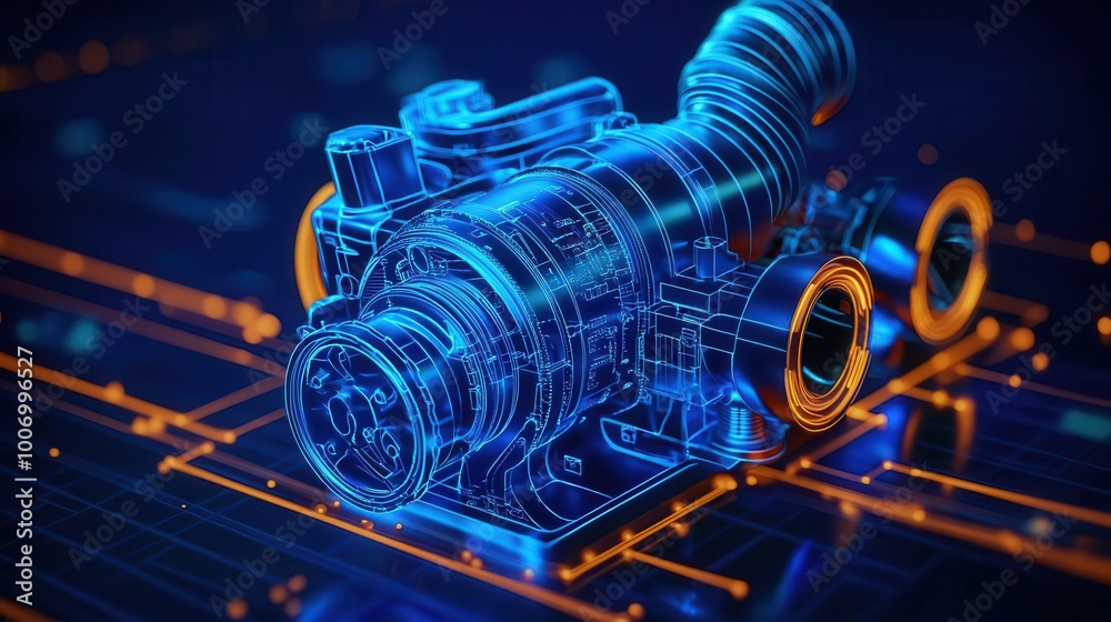 Digital blueprint of a turbocharged engine with airflow dynamics and ...