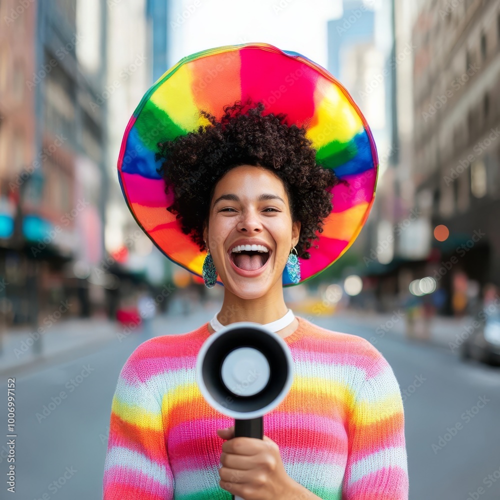 LGBTQ activist with a megaphone, concept of advocacy and voice, vibrant city street background ...