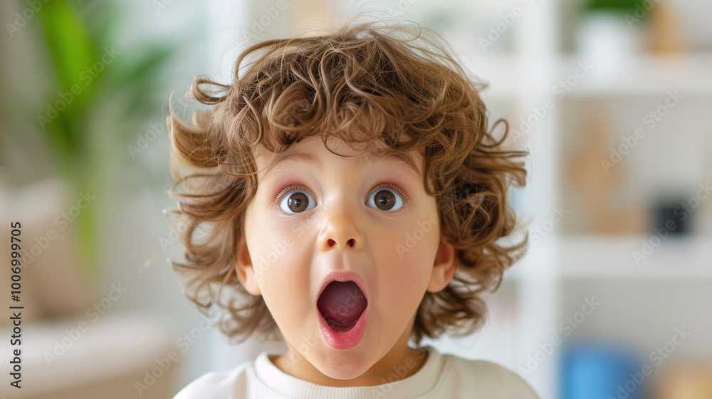 Little Boy's Wide-Eyed Wonder: A close-up portrait of a young boy with ...