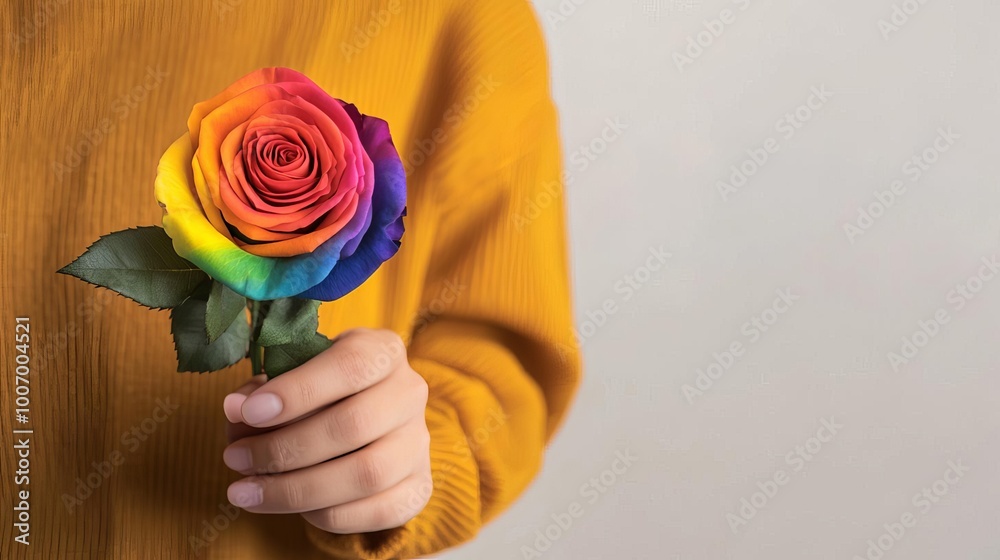 LGBTQ person holding a rainbow rose, concept of love and pride, soft ...
