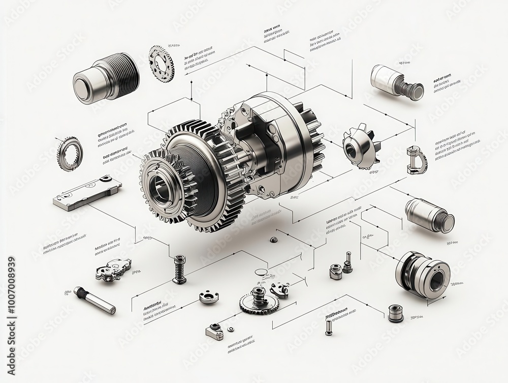Exploded view of an industrial gearbox with floating annotations on ...
