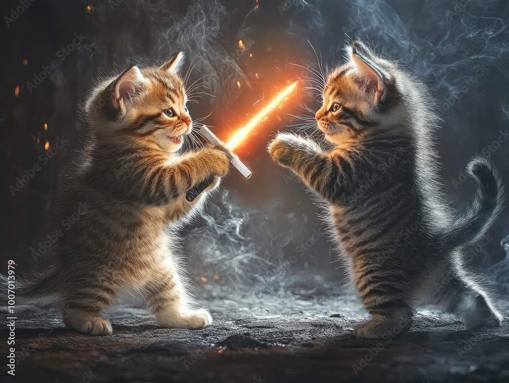 Two cute cats fighting with a laser sword Super-realistic image quality ...