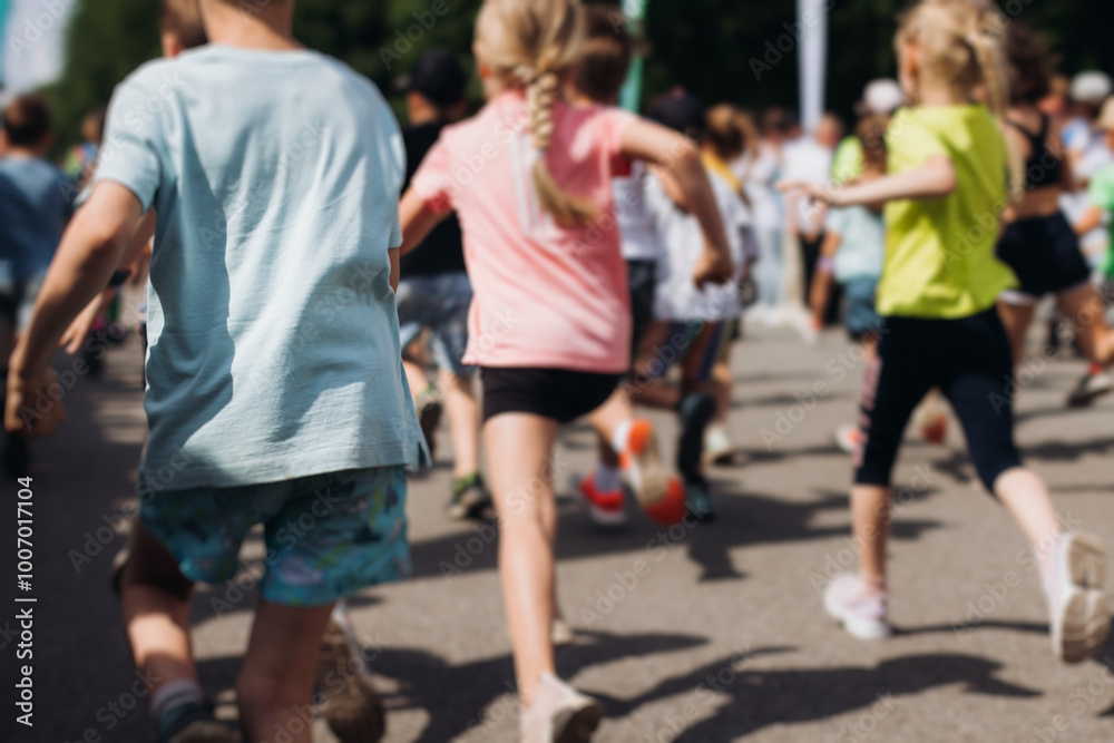 Children marathon runners crowd, young teen sportsmen participants ...