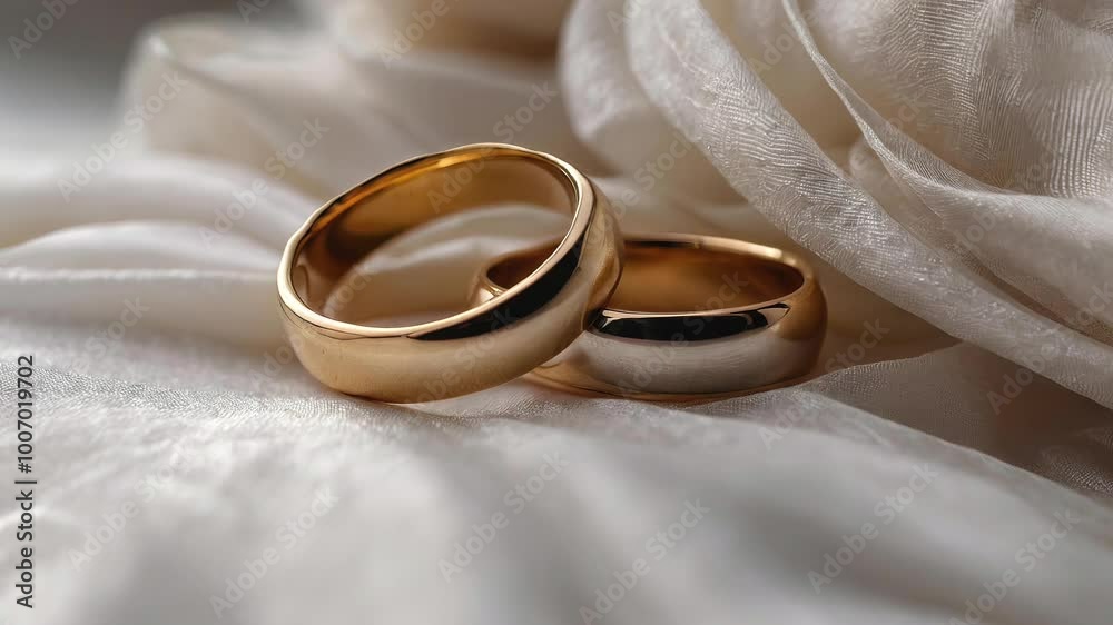 Close-up of two gold wedding rings on white silk. Slow camera fade in ...