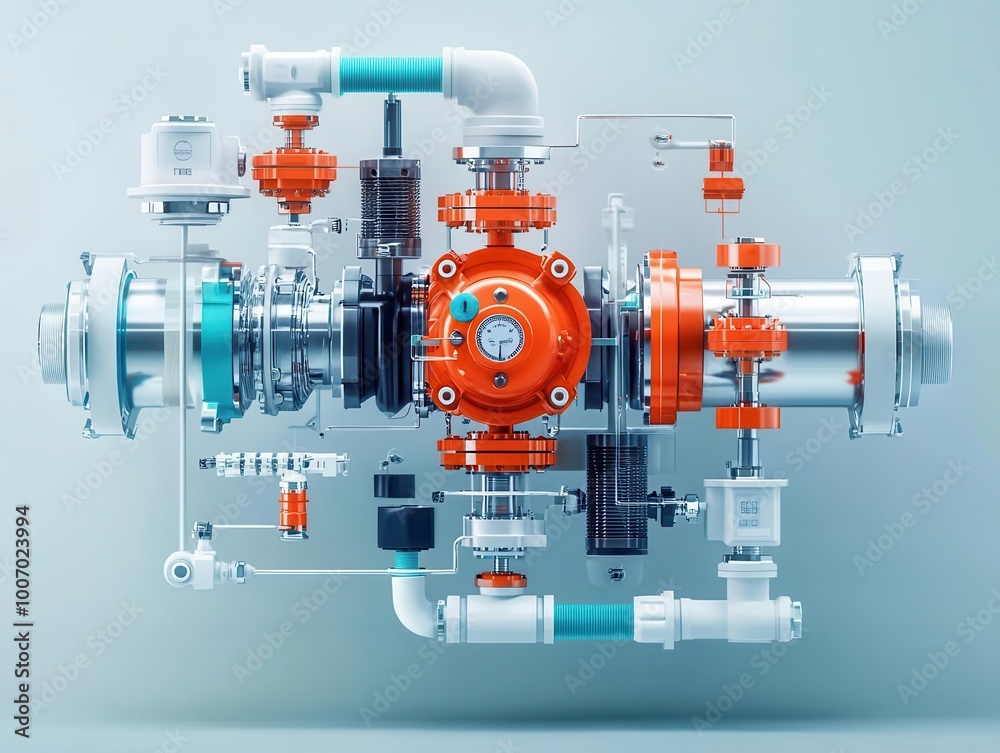 Exploded render of a machine s valve system, focusing on flow control ...
