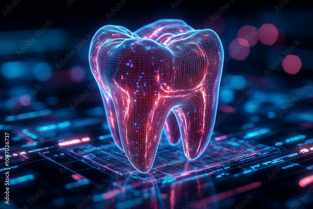 3D wireframe model of a molar tooth, surrounded by a rotating HUD interface, simulating a dental ...