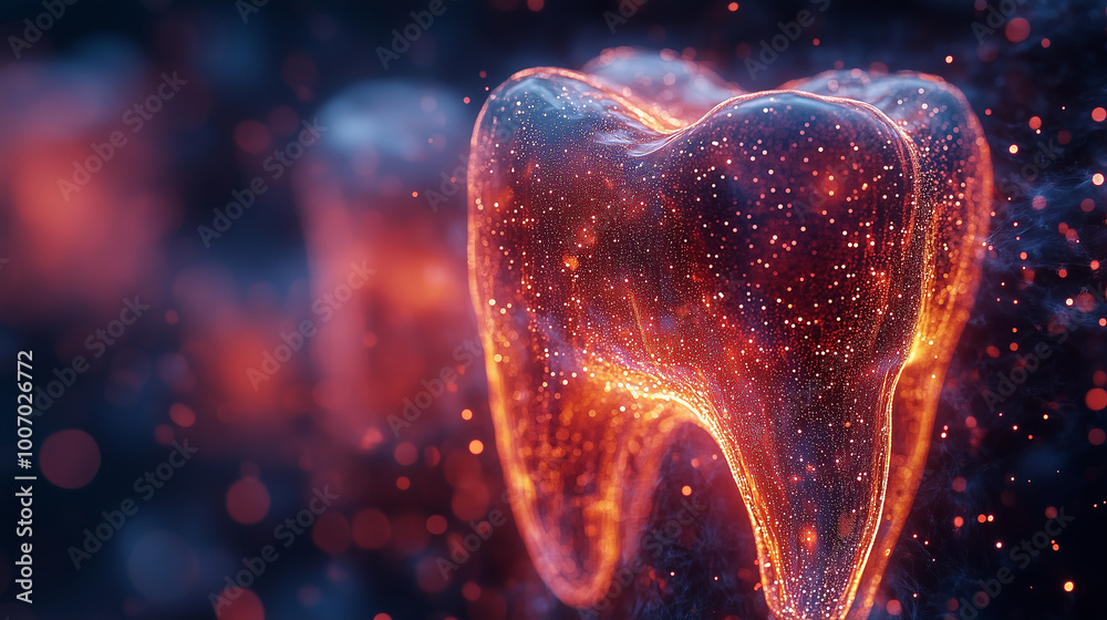 Artistic close-up of a tooth shielded by a digital barrier ...