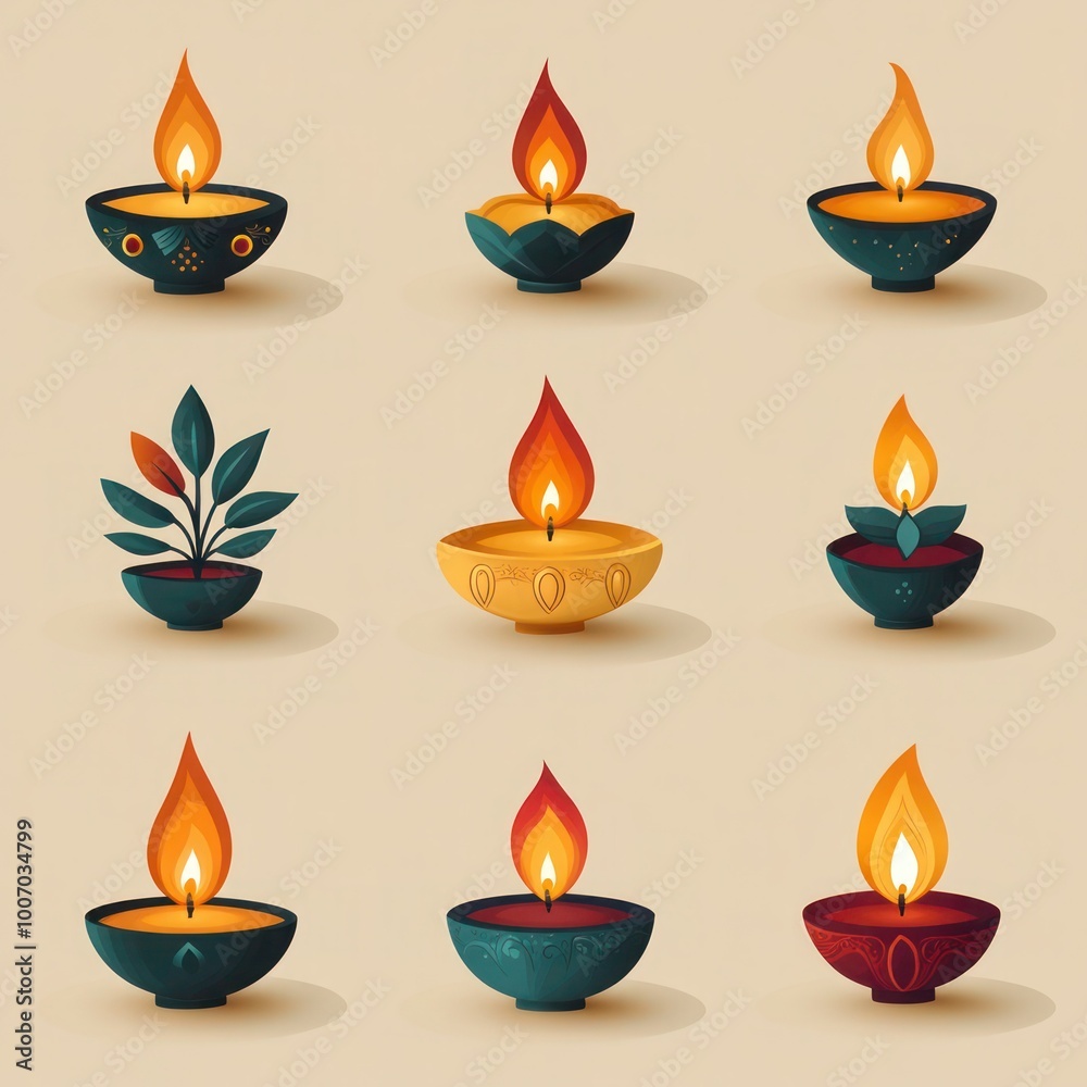 Diwali Hindu Festival Icons: Burning Diya & Light Illustration Set for ...