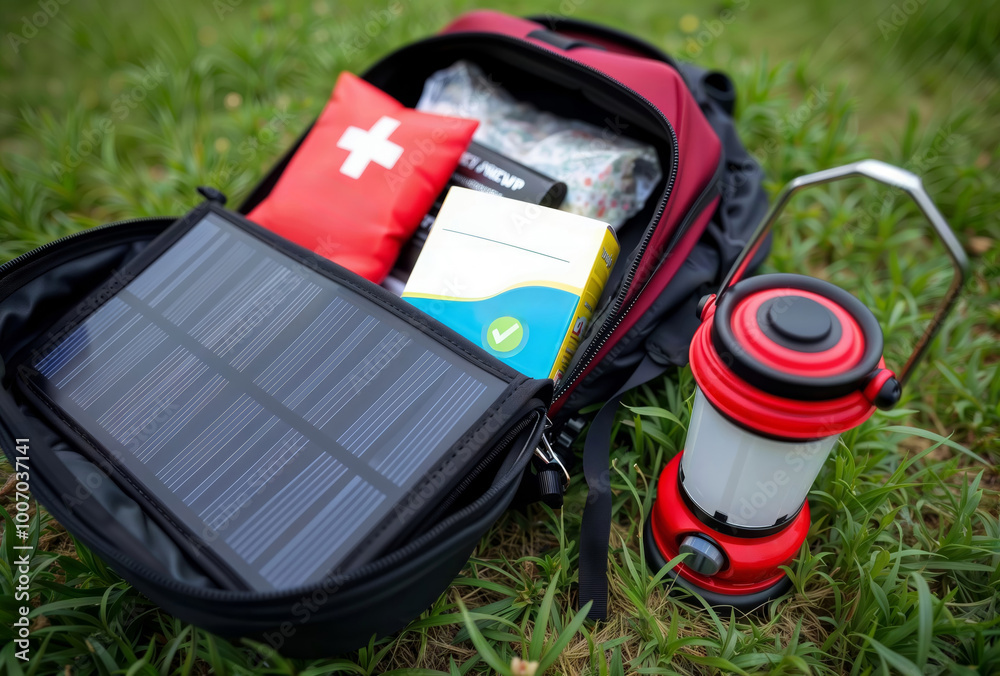 Emergency kit with solar panel. A red backpack open on the grass ...