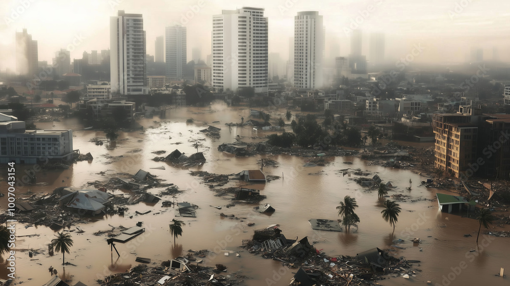 Devastated cityscape aftermath of a catastrophic flood engulfing ...