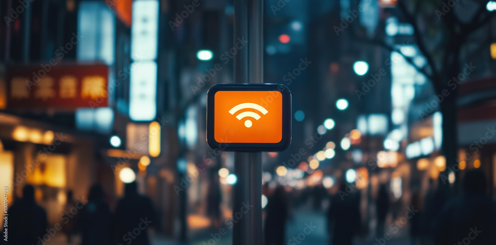 An urban WiFi sign on a post in a bustling city street at night ...