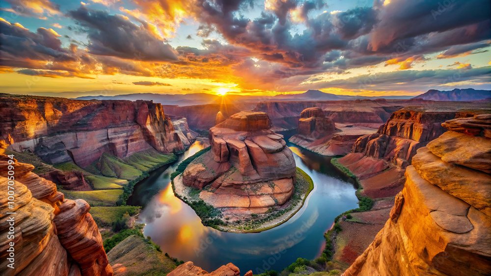 Iconic American landscape featuring a vibrant sunset and the curving ...