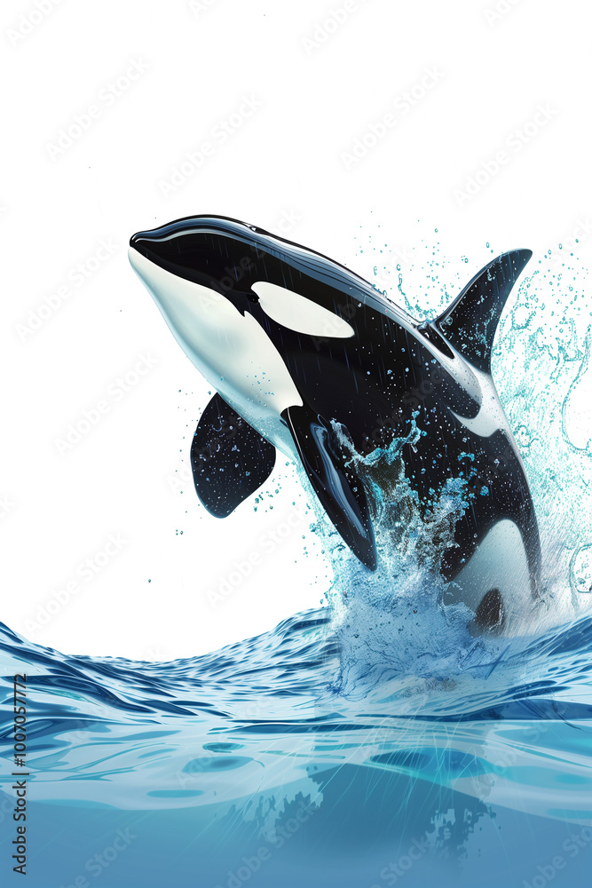 A powerful orca leaps out of the water, creating a splash and a ...