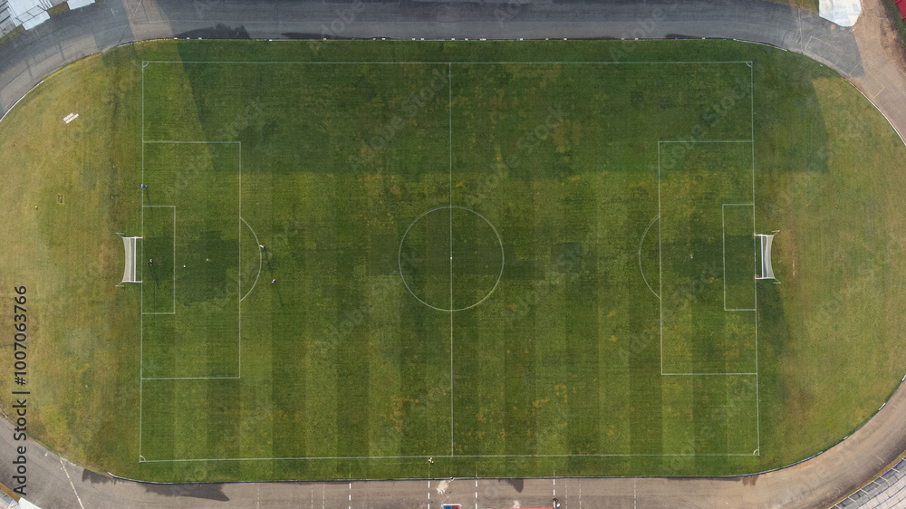 Football field seen from above (zenith), by drone, highlighting the ...