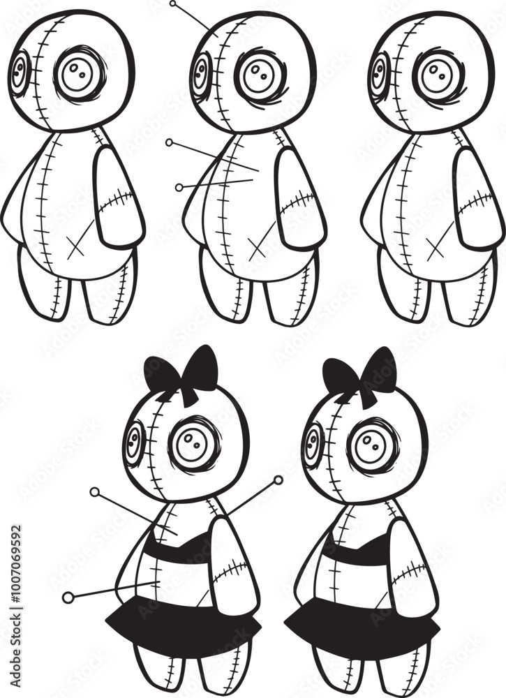 Line Drawing Freehand Voodoo Dolls Patchwork Handmade Style. Witch Set ...