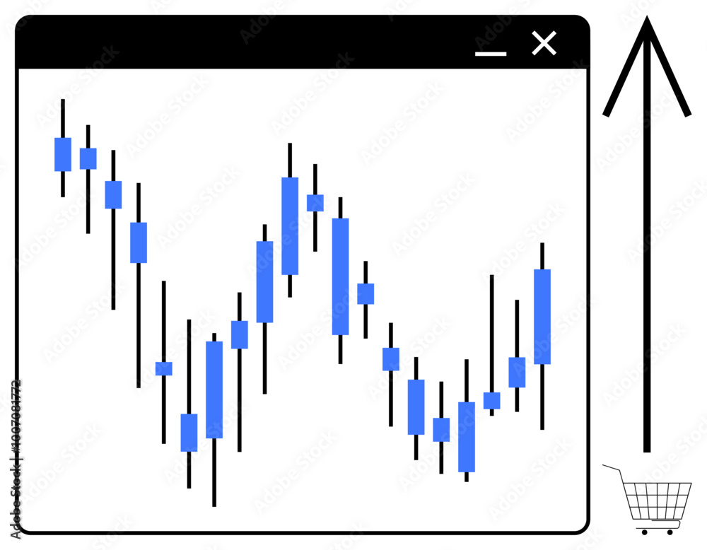 Candlestick chart within a browser window and an upward arrow next to a ...