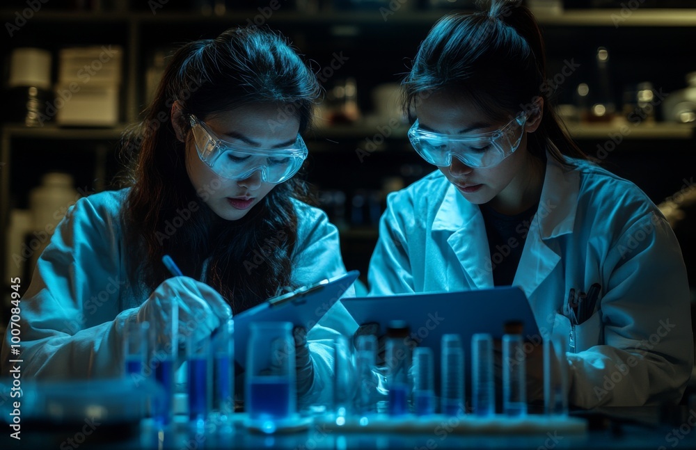 Two Asian Female Scientists Working At Night Conducting Experiments