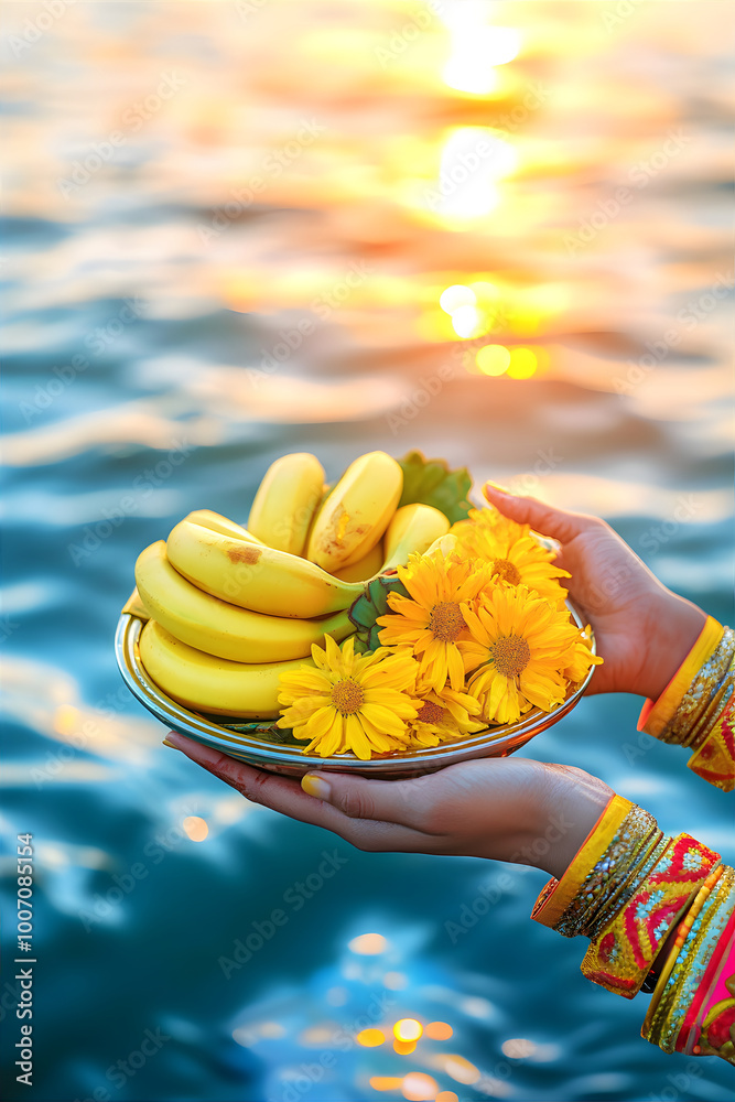 Chhath Puja background. Ancient Sandhya arghya day. Lady near the river ...