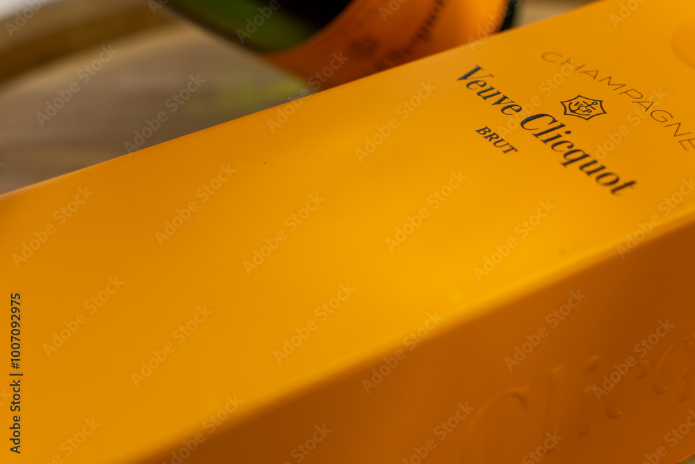 Bottle of France sparkling wine Veuve Clicquot Champagne Brut close-up ...