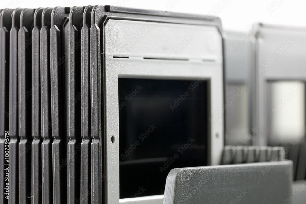 Group of diapositive frames for a slide show are stored in the trays ...