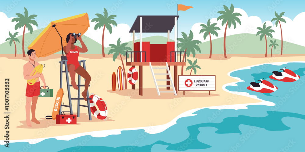 Rescuers keep an eye on floating people. Cartoon sea lifeguards work ...
