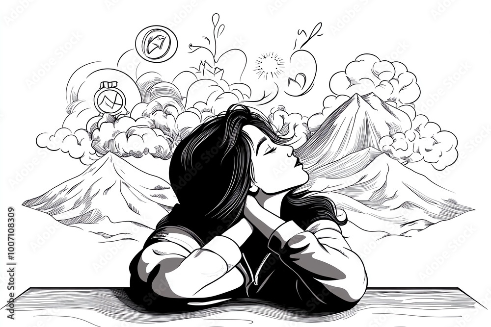 Simple line art of a person looking back on yesterdayâ€™s experiences ...