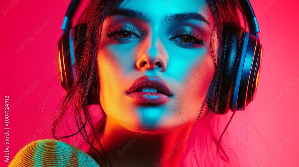 funk fashion theme close up woman wearing headphone face portrait ...