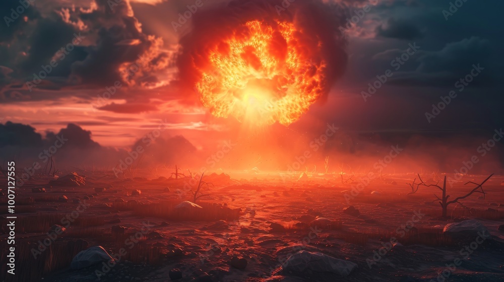 atomic bomb explosion in the distance, with a massive mushroom cloud ...