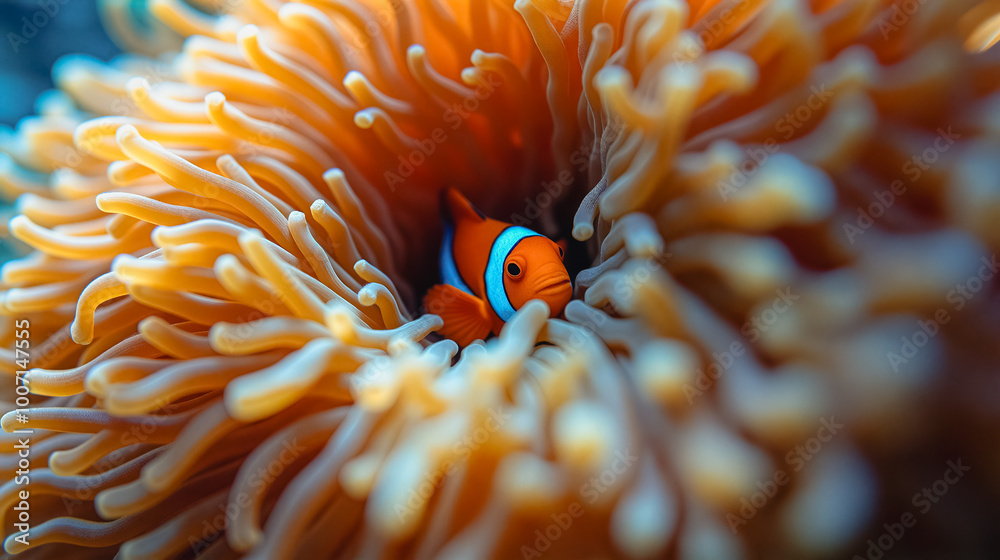 Clownfish Hiding in Sea Anemone, A close-up shot of a vibrant orange ...