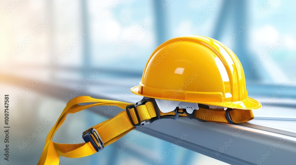 Construction hard hat on a safety harness, indicating readiness for ...