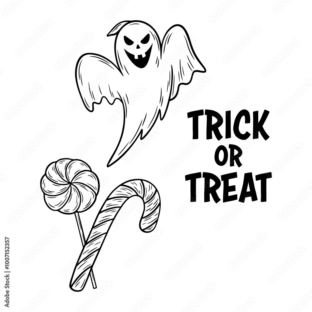 Sinister laughing Halloween ghost and Trick or Treat sweets. Graphic ...