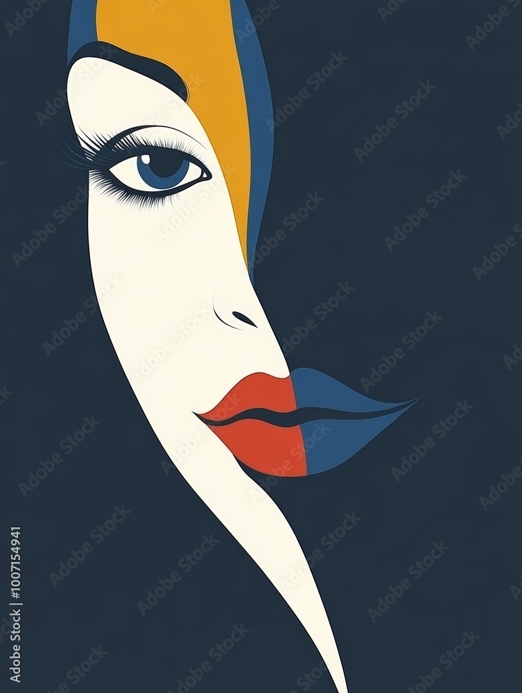 A striking representation of a woman's half face, blending bold colors ...