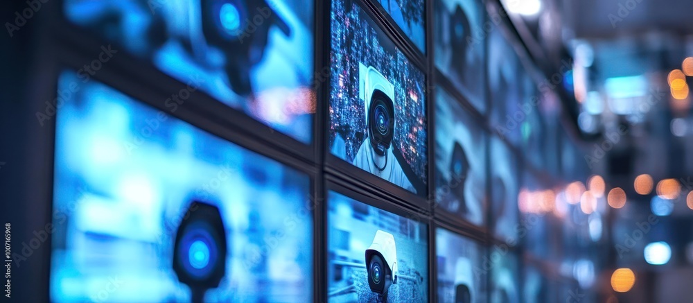 Wall of security cameras with blue tinted screens displaying footage ...