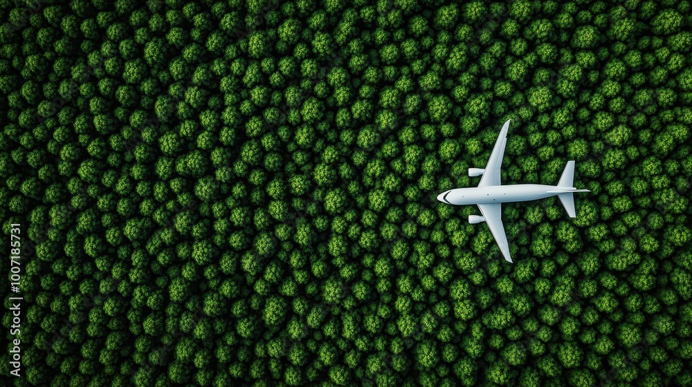 The aerial view captures a white airplane soaring above a dense, lush ...
