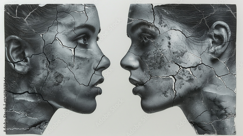Cracked face artwork of two women facing each other, textured and ...