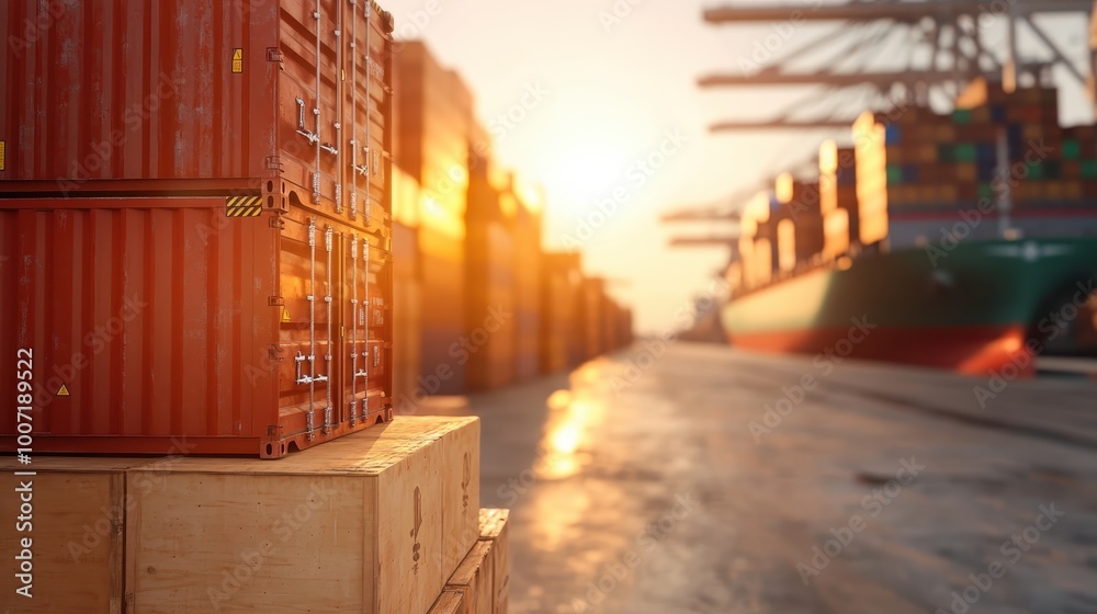 This image shows stacked shipping containers under a vibrant sunset at ...