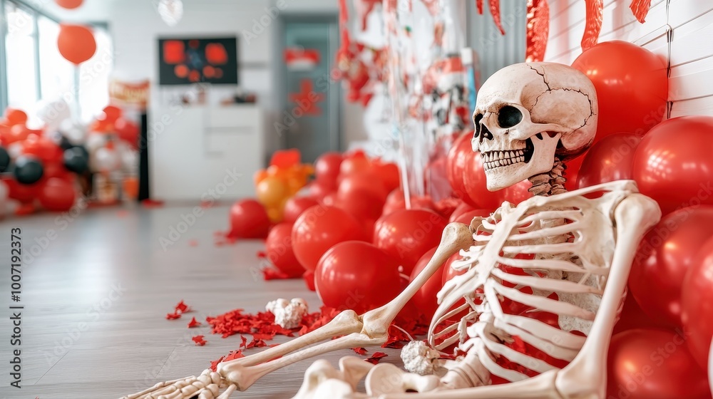An artistic photo shows a skeleton sitting amidst a colorful sea of red ...